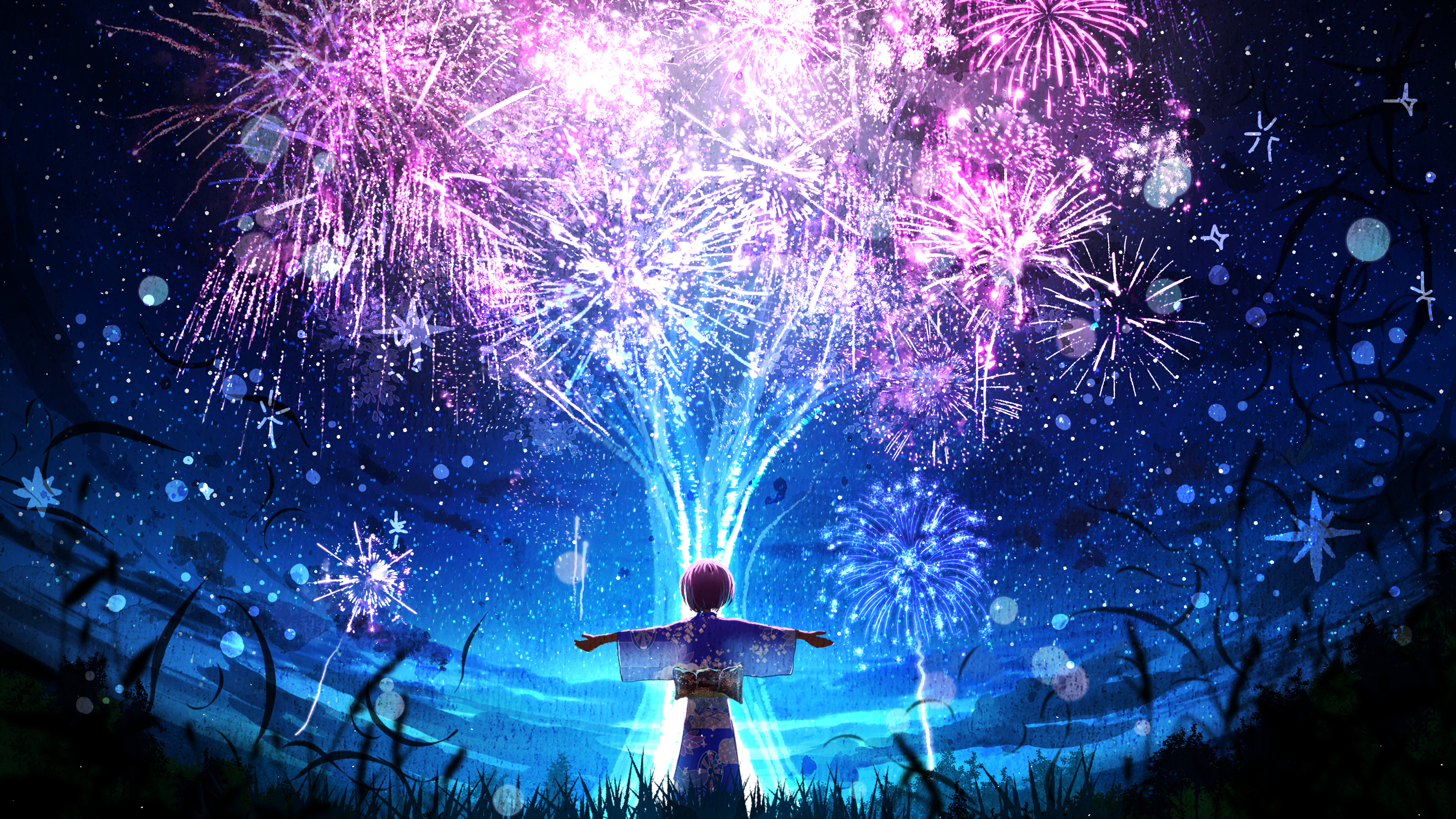 Anime Girl Celebrating Raised Fireworks Wallpaper,HD Artist Wallpapers ...