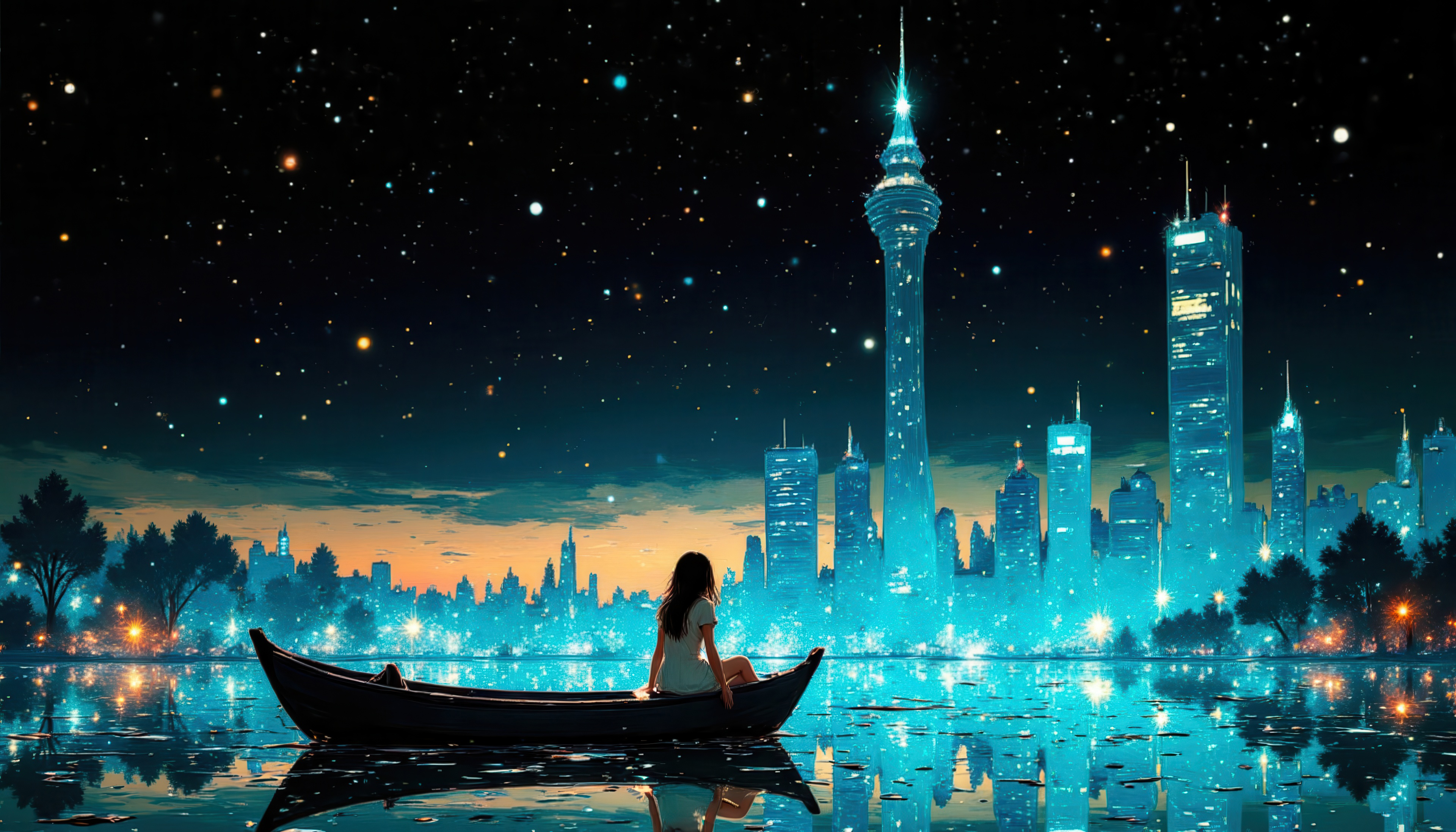 Anime Girl In Boat Overlooking Neon City Wallpaper,HD Artist Wallpapers ...