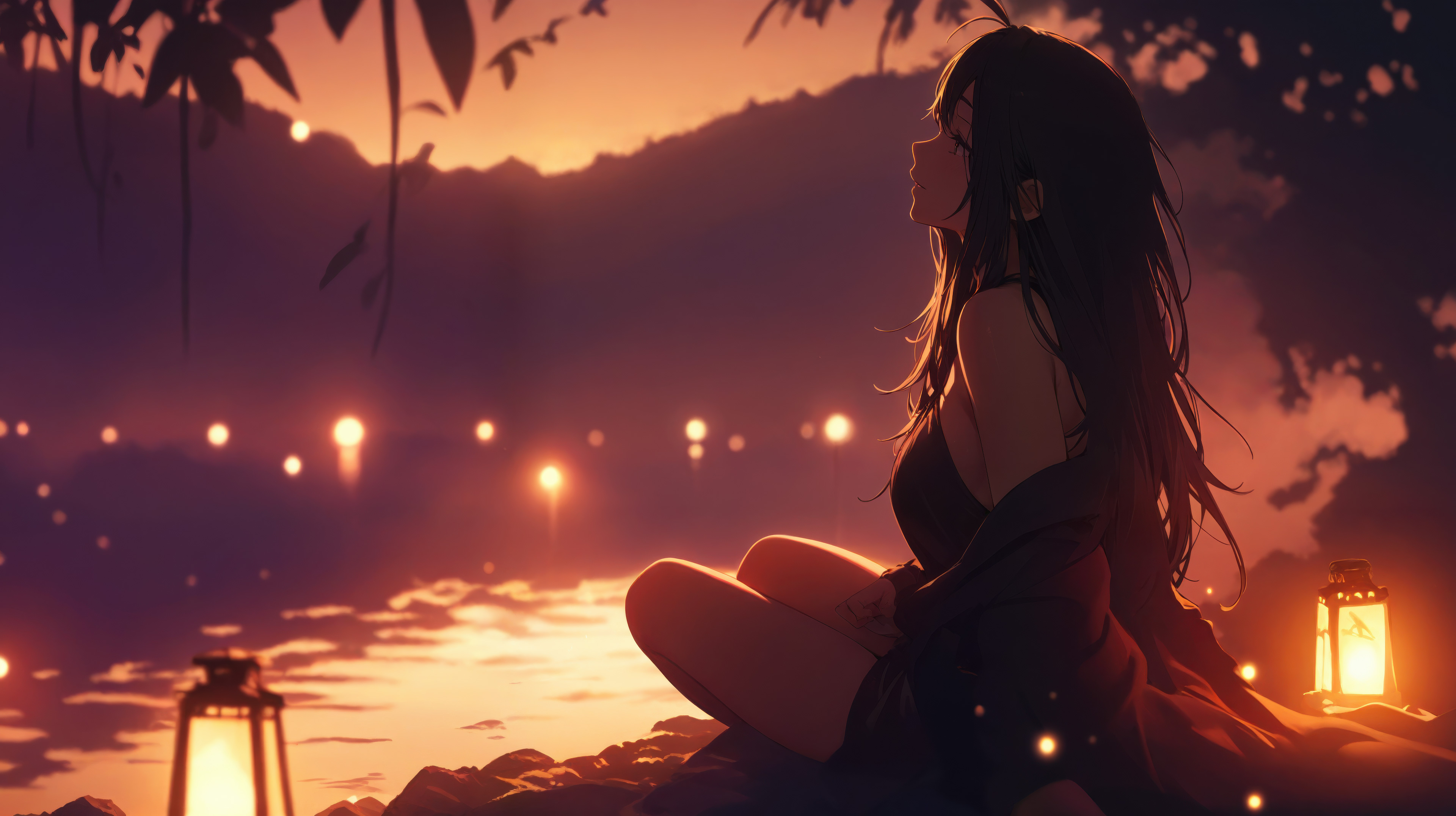2932x2932 Anime Girl Lantern Lights At Peaceful Dusk Ipad Pro Retina ...