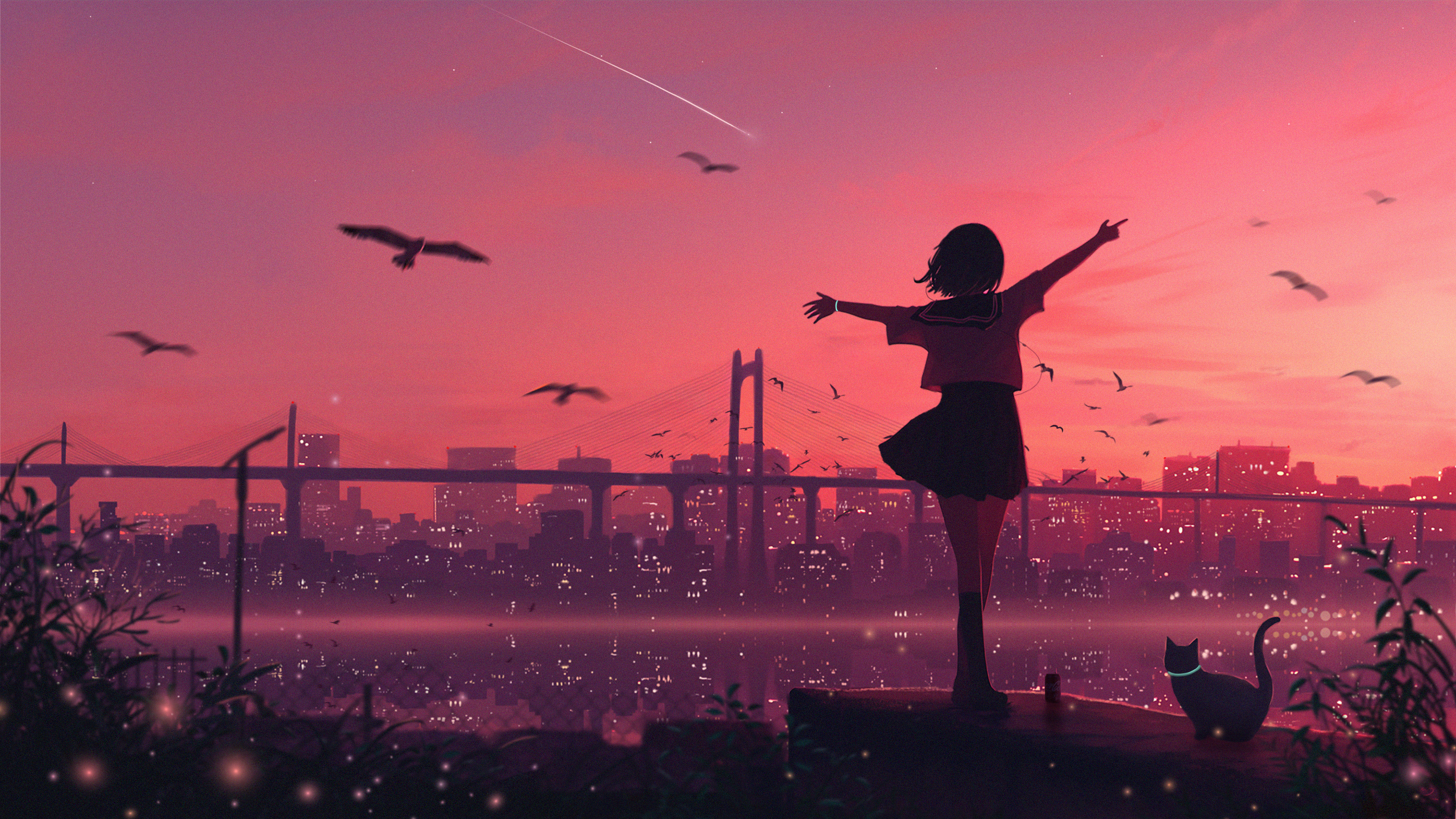 1080x2400 Anime Girl On Rooftop Dancing With Cat City Skyline Google ...