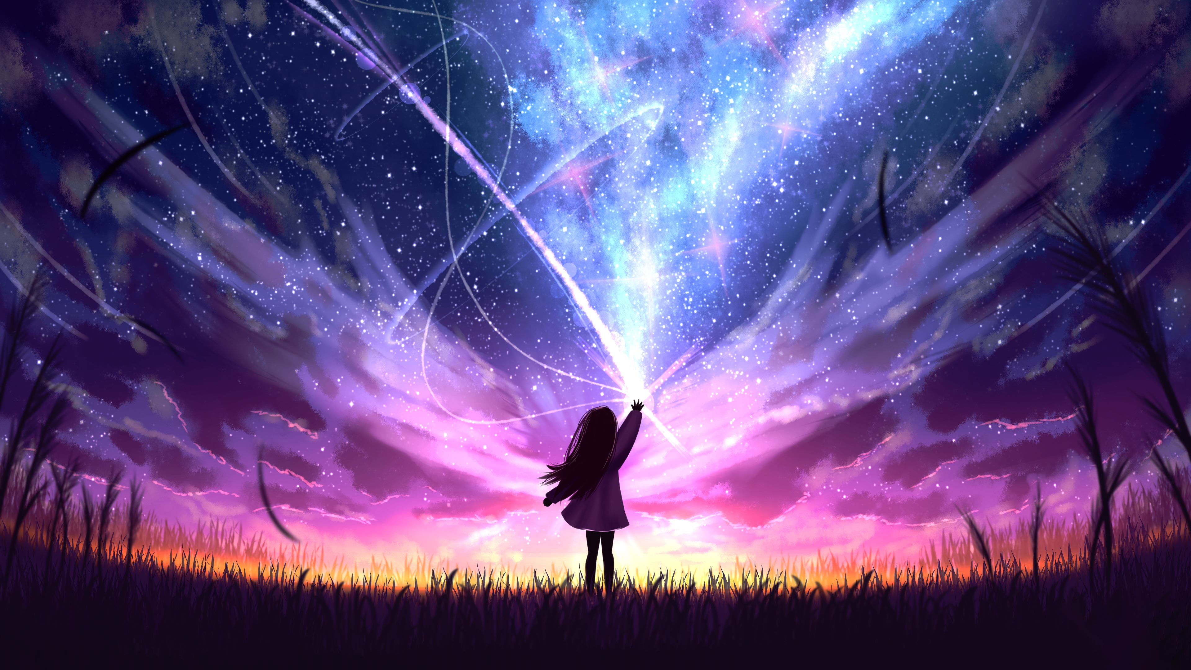 Anime Little Girl In Field With Cosmic Light Burst Wallpaper,HD Artist ...