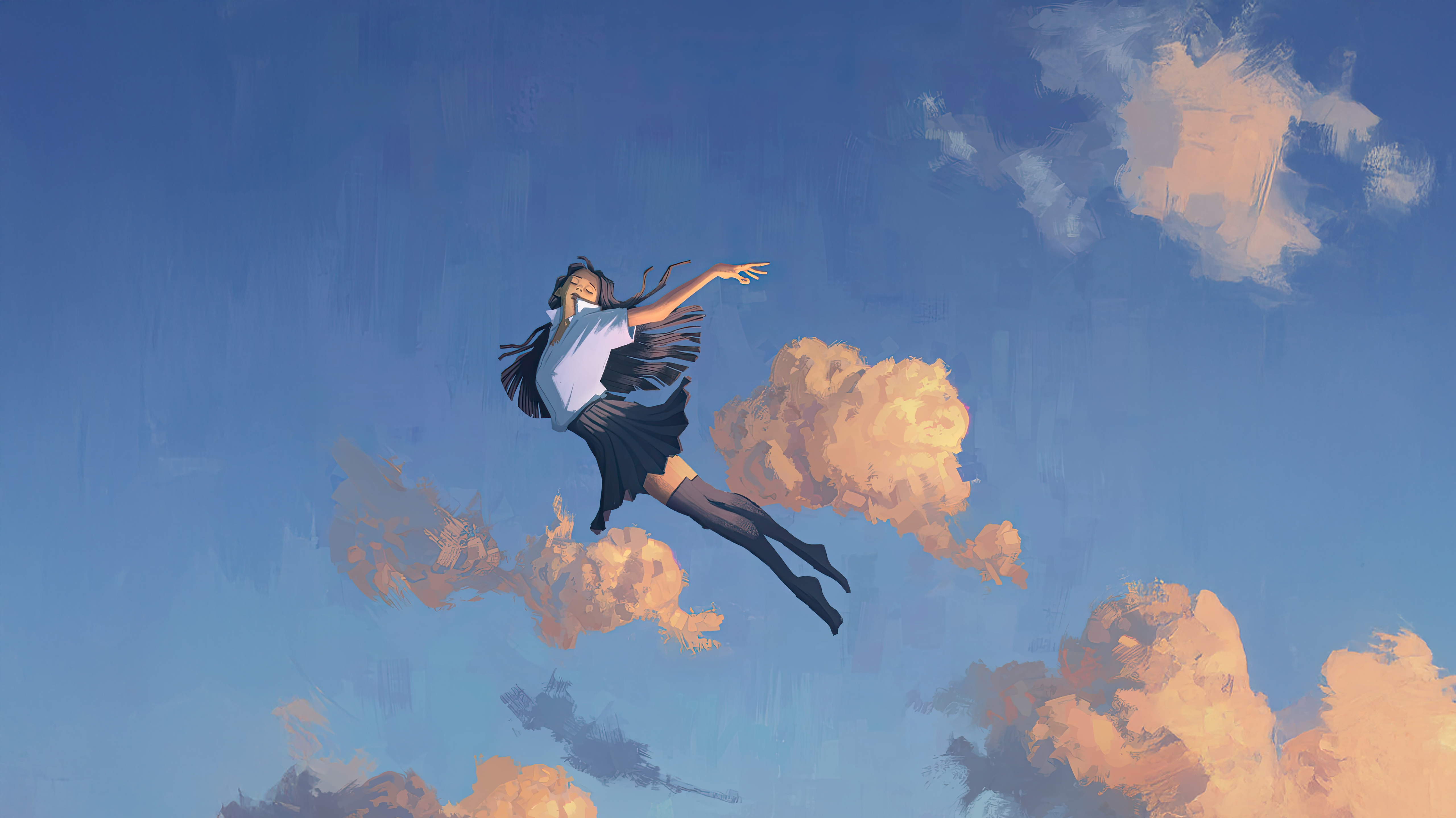 Anime School Girl Freefall Among The Clouds Wallpaper,HD Artist ...