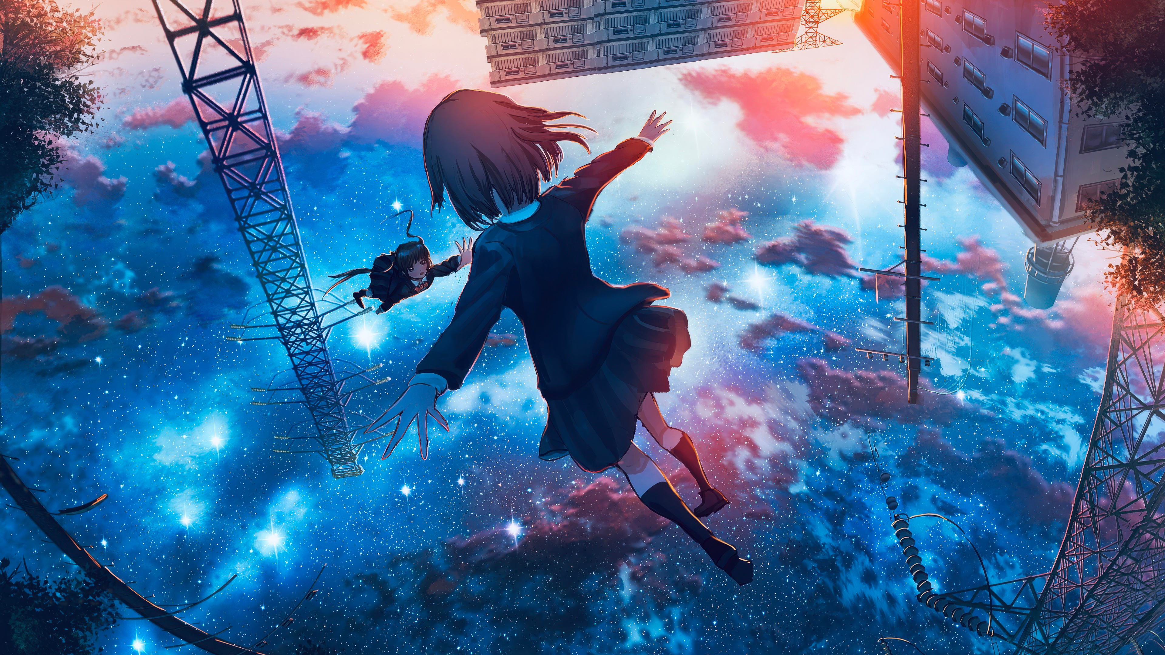1920x1080 Anime Two Girl Freefall Jumping Through Sky Laptop Full HD ...