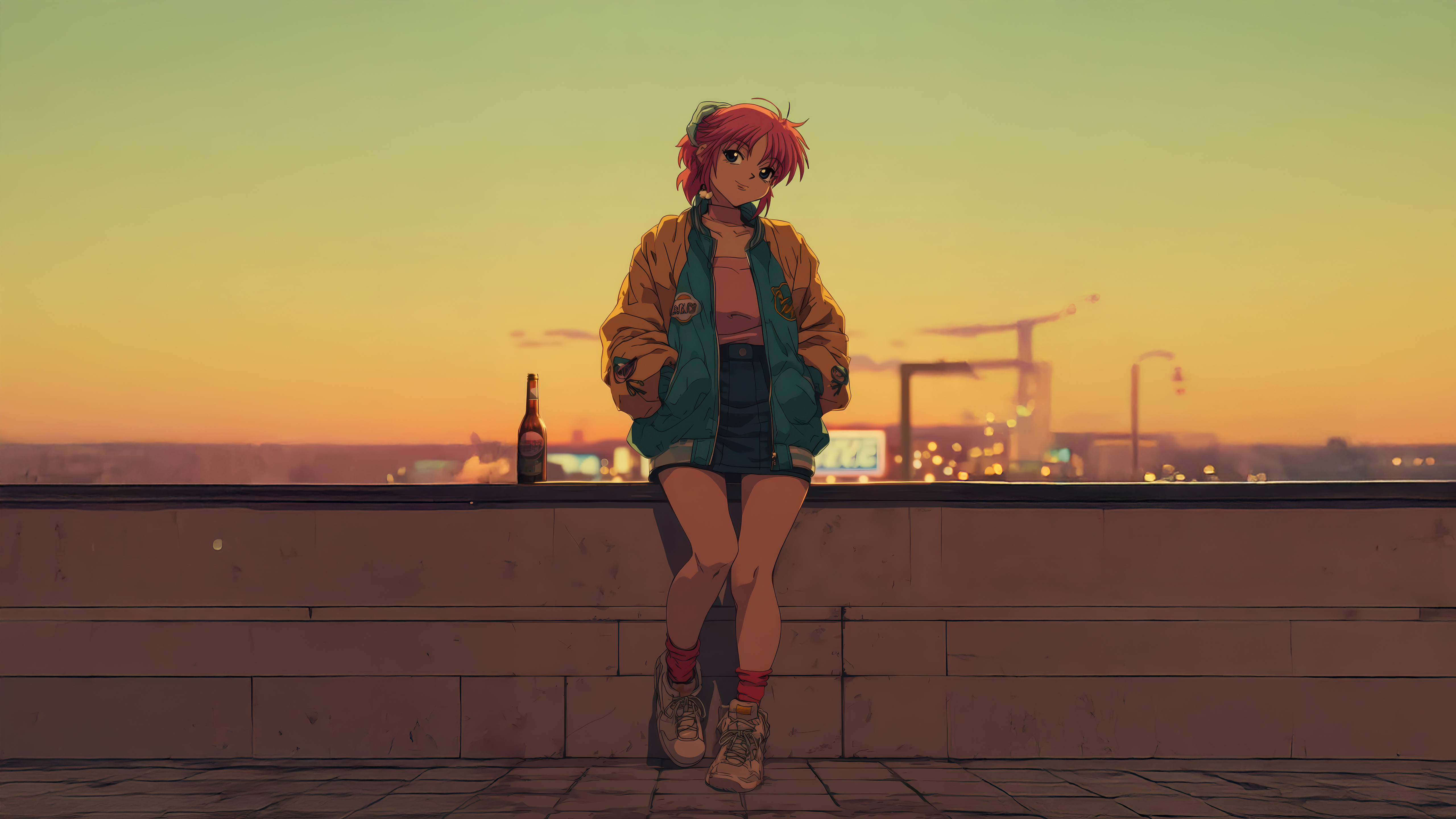Anime Urban Girl Sunset Vibes On The Rooftop Wallpaper,HD Artist ...