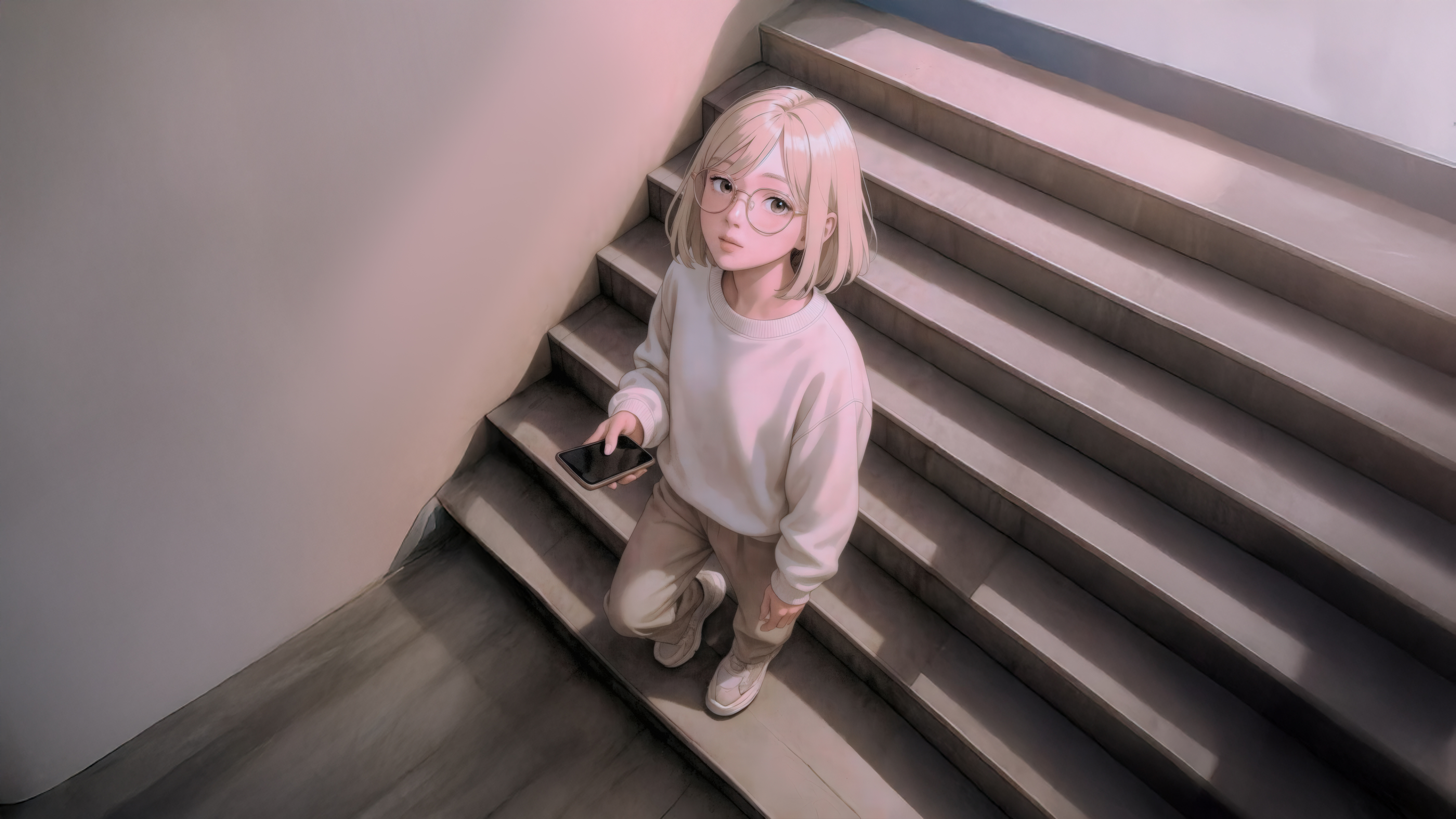 Blonde Girl On Stairs With Phone Wallpaper,HD Artist Wallpapers,4k ...