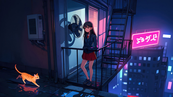 Girl With Cat At Rooftop Cyberpunk City Wallpaper,HD Artist Wallpapers ...