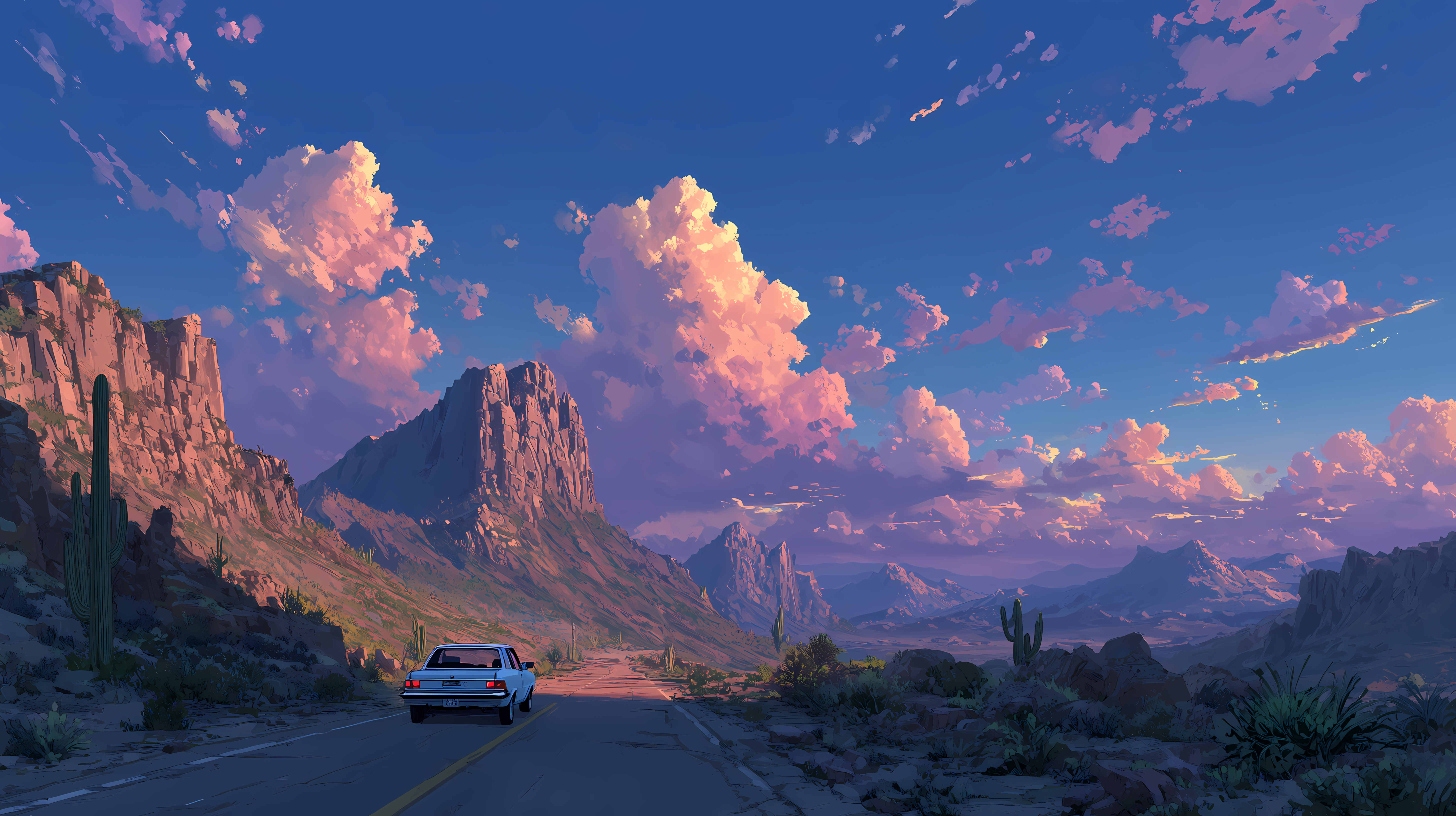 Car Driving Through A Desert Canyon At Sunset Wallpaper,HD Artist ...