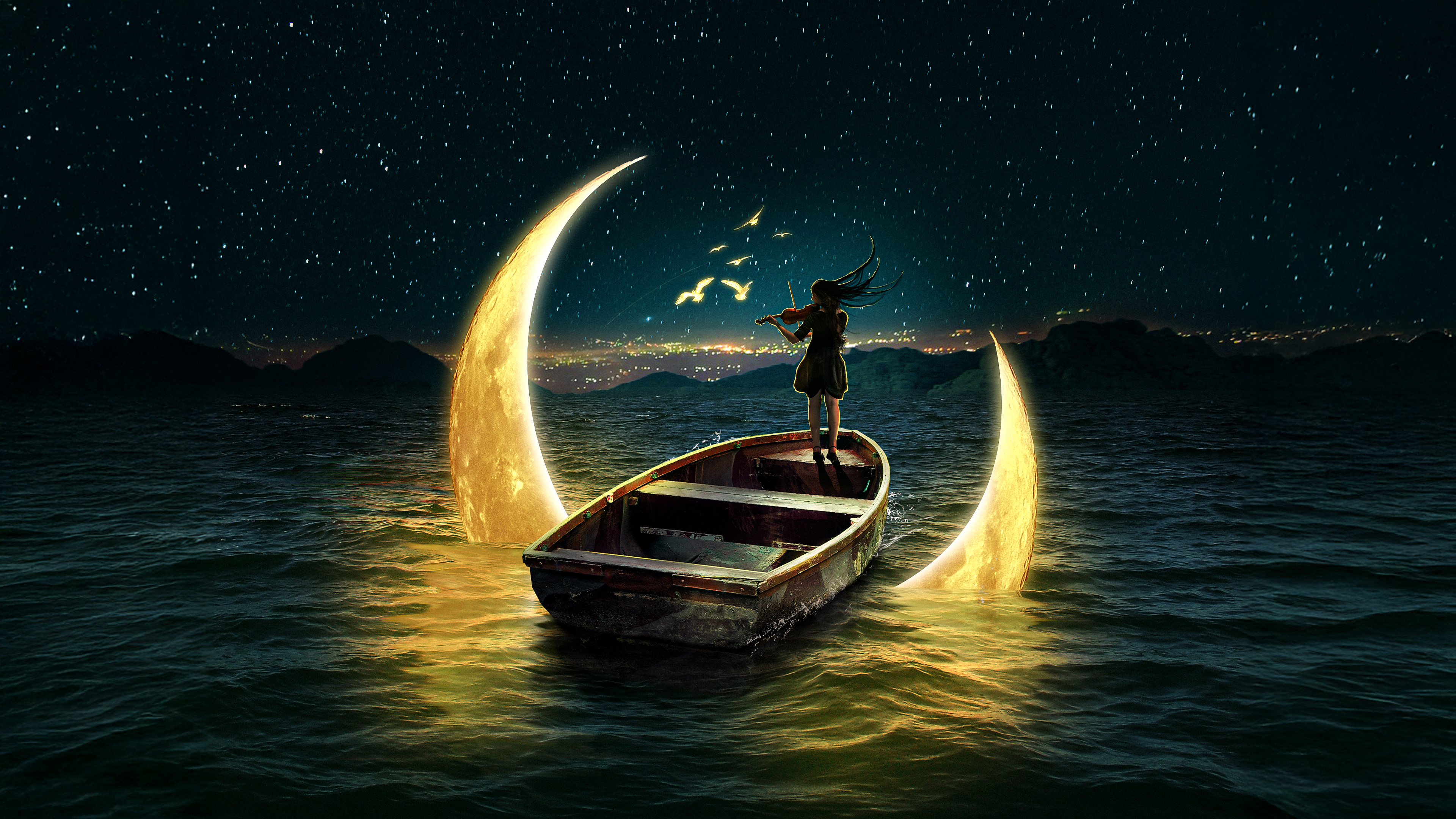 1920x1080 Girl On Boat Sailing Between Two Moons Laptop Full HD 1080P ...