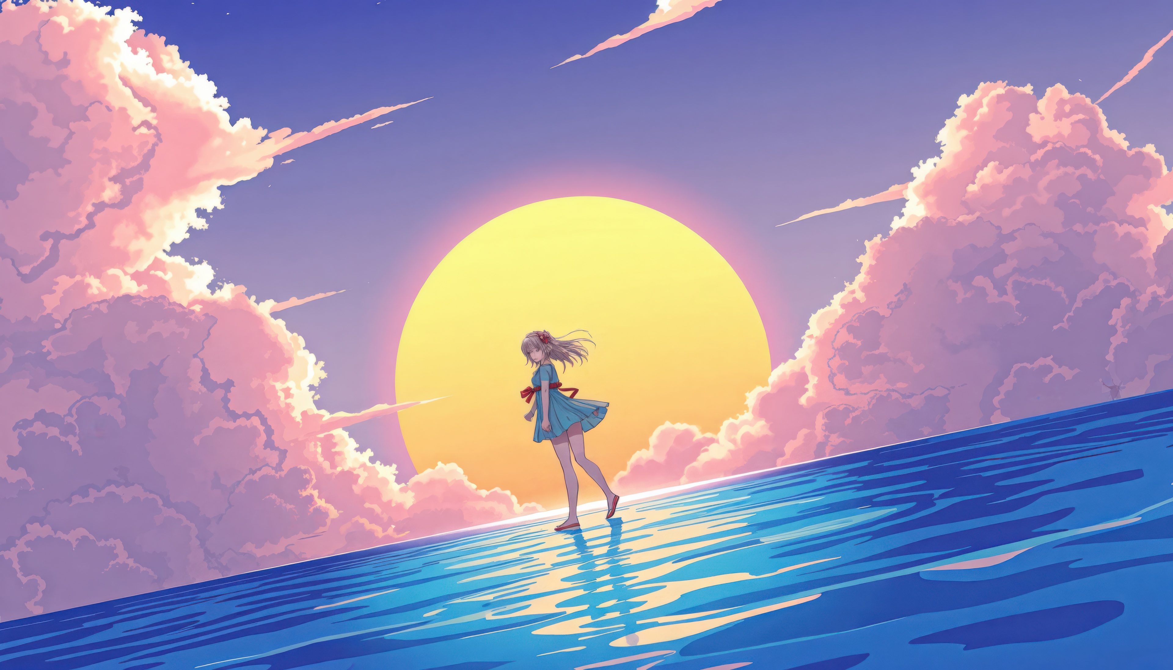 Girl Standing On Water With Giant Sun And Clouds Wallpaper,HD Artist Wallpapers,4k Wallpapers ...