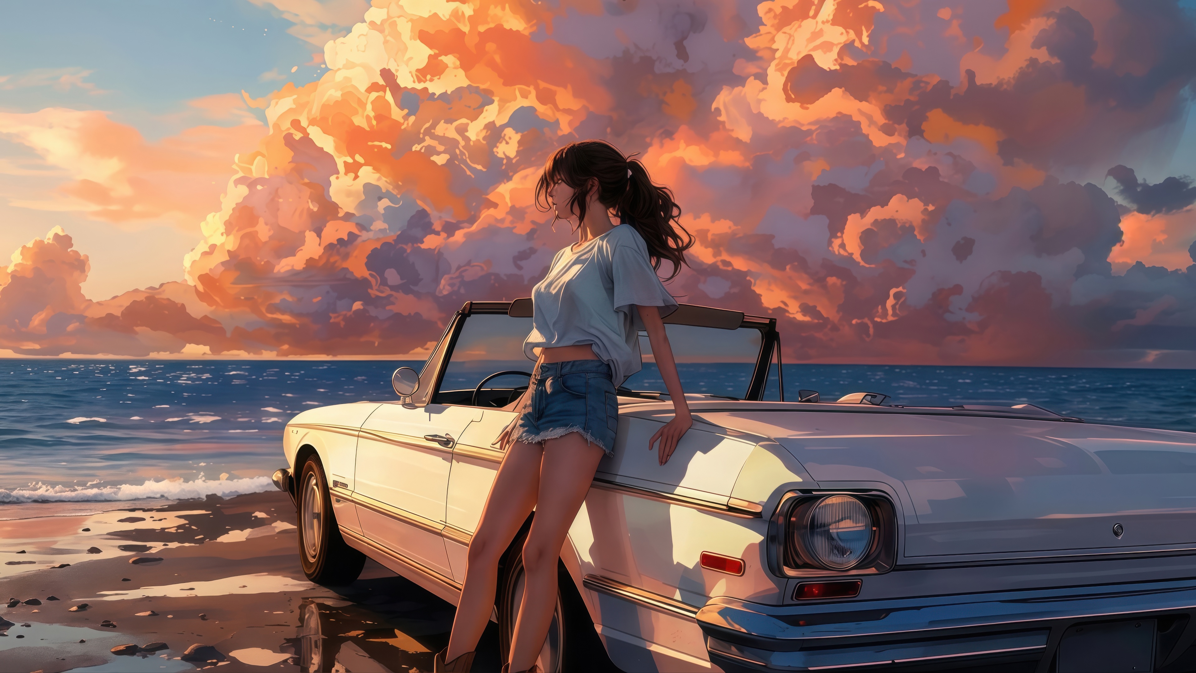 Girl With Classic Car At Beach Sunset Wallpaper,HD Artist Wallpapers,4k ...