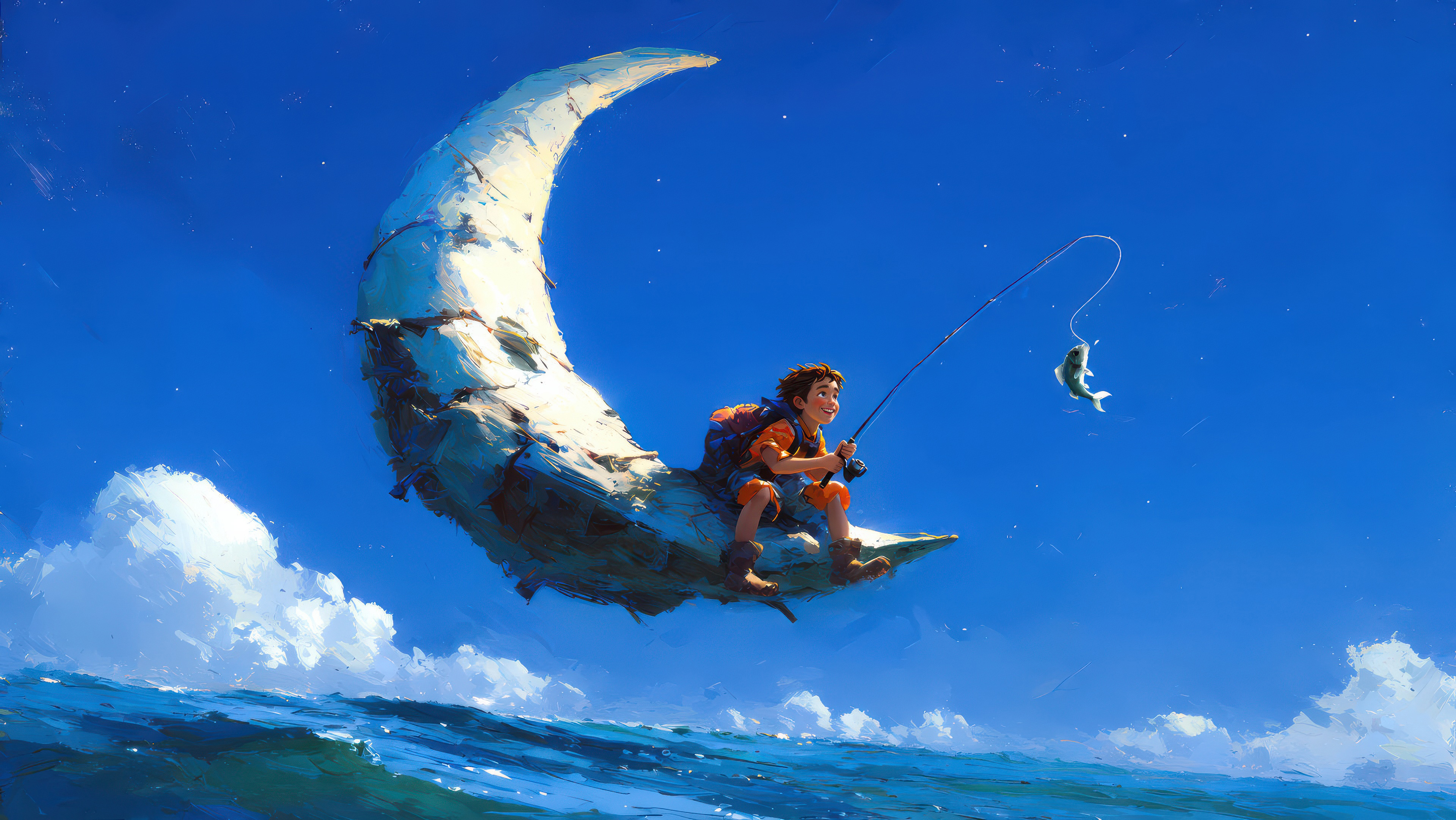 Kid Sitting On Half Moon In Middle Of The Ocean Fishing Wallpaper,HD ...