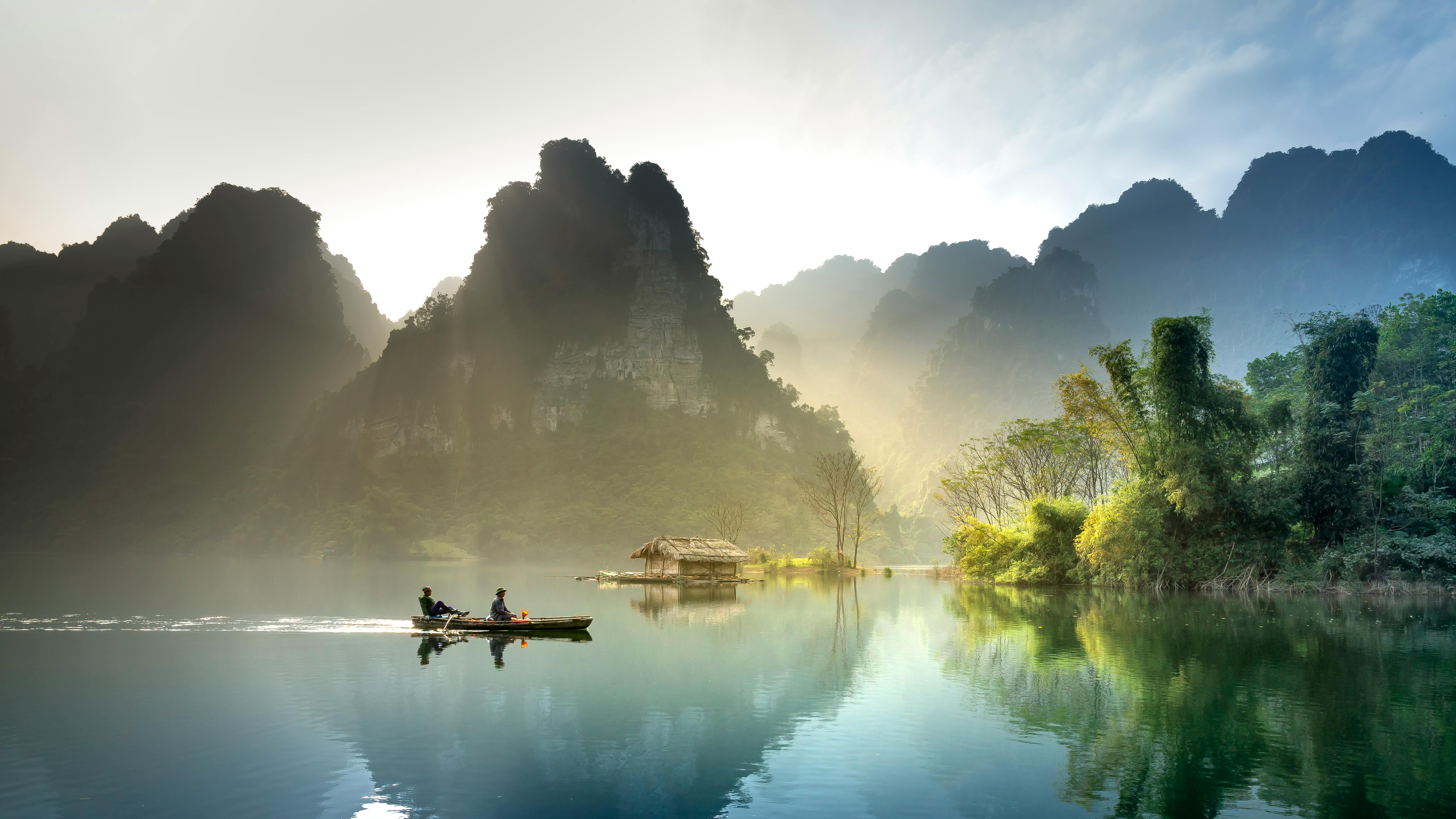 Misty Morning Boat Ride Through Karst Mountains Wallpaper,HD Nature ...