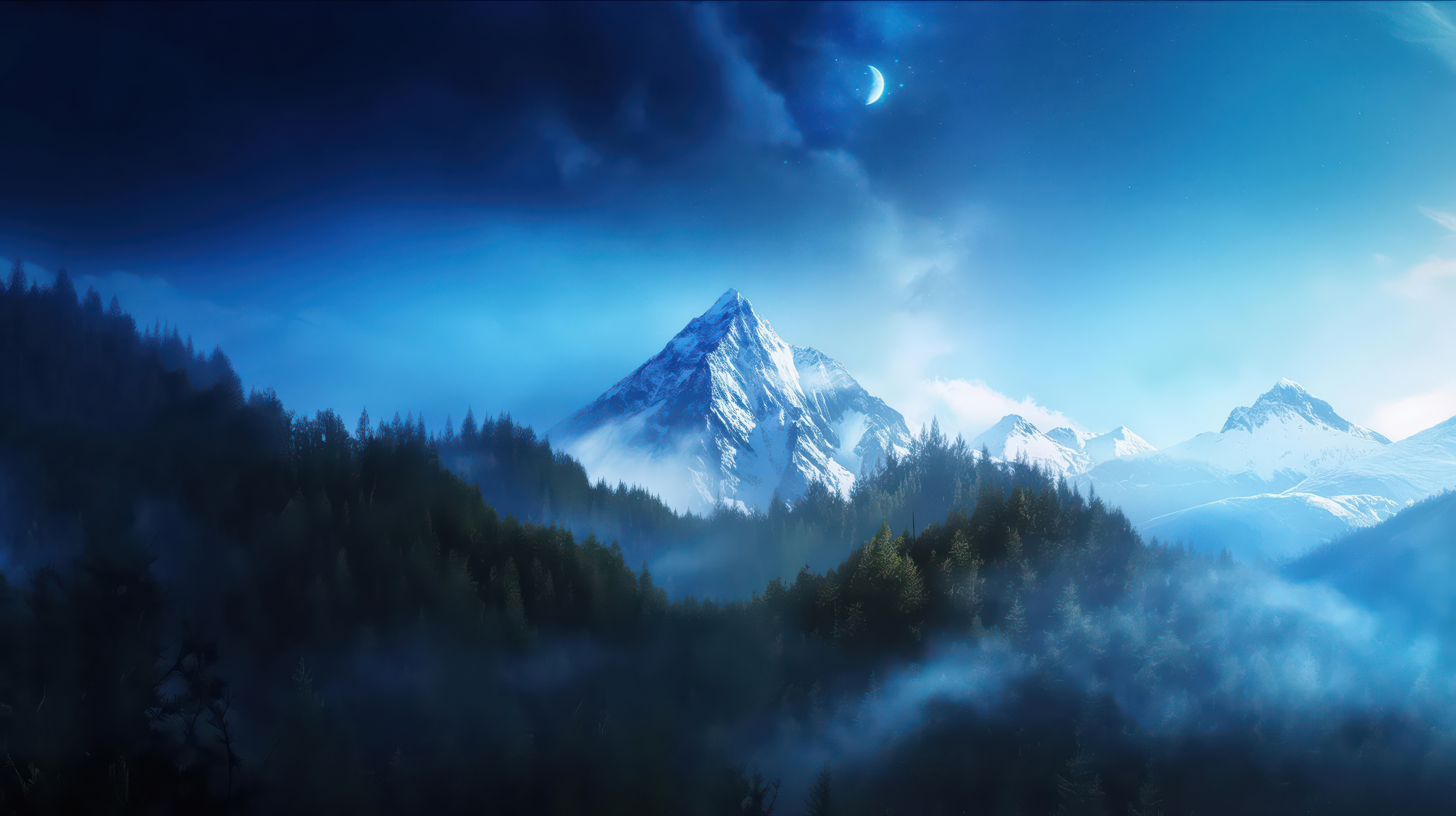 Misty Mountain Majesty Snow Peaks Under Crescent Moon Wallpaper,HD Artist Wallpapers,4k ...