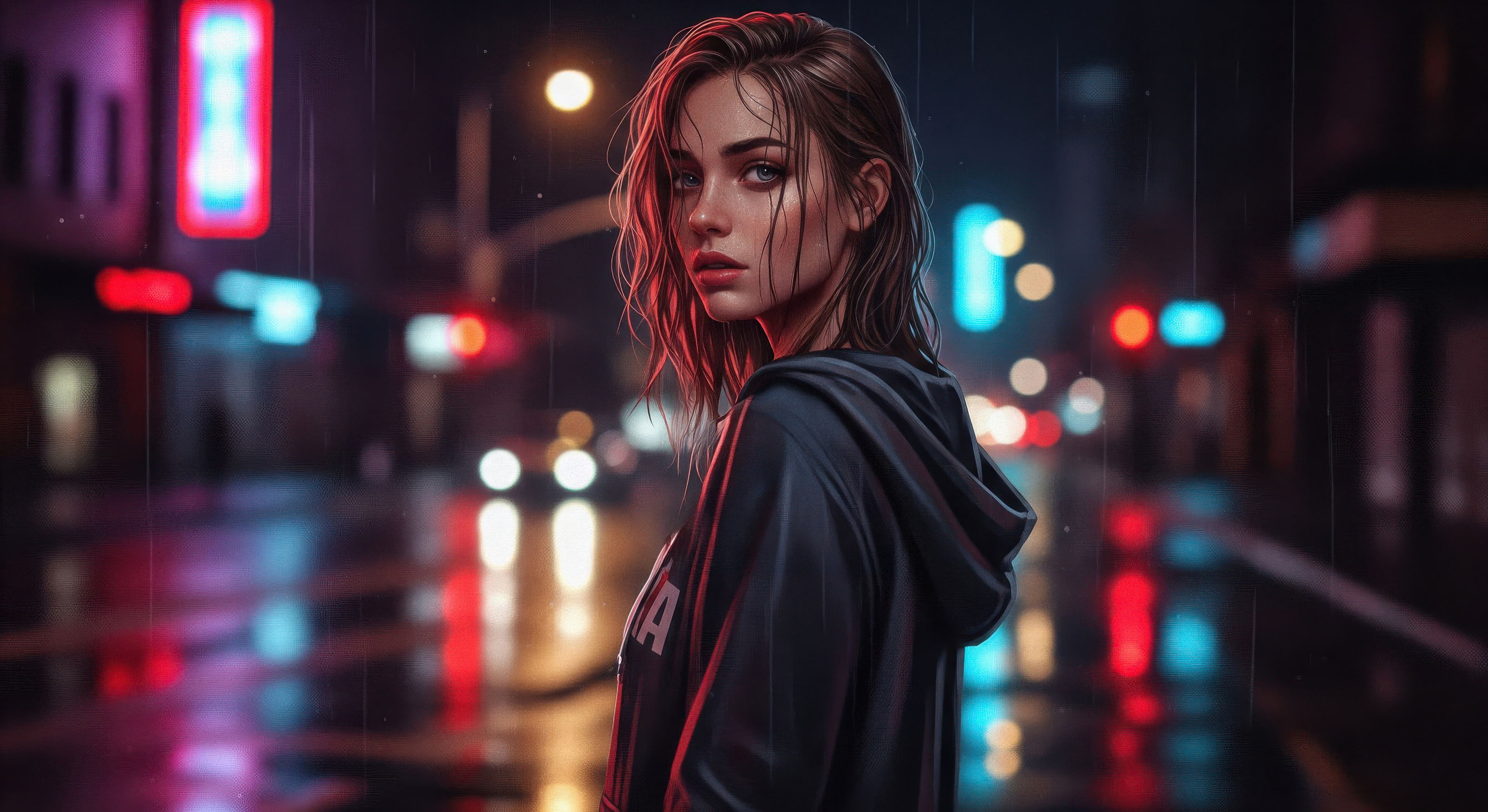 2932x2932 Neon Rain The Girl In The Shadows Ipad Pro Retina Display ,HD ...