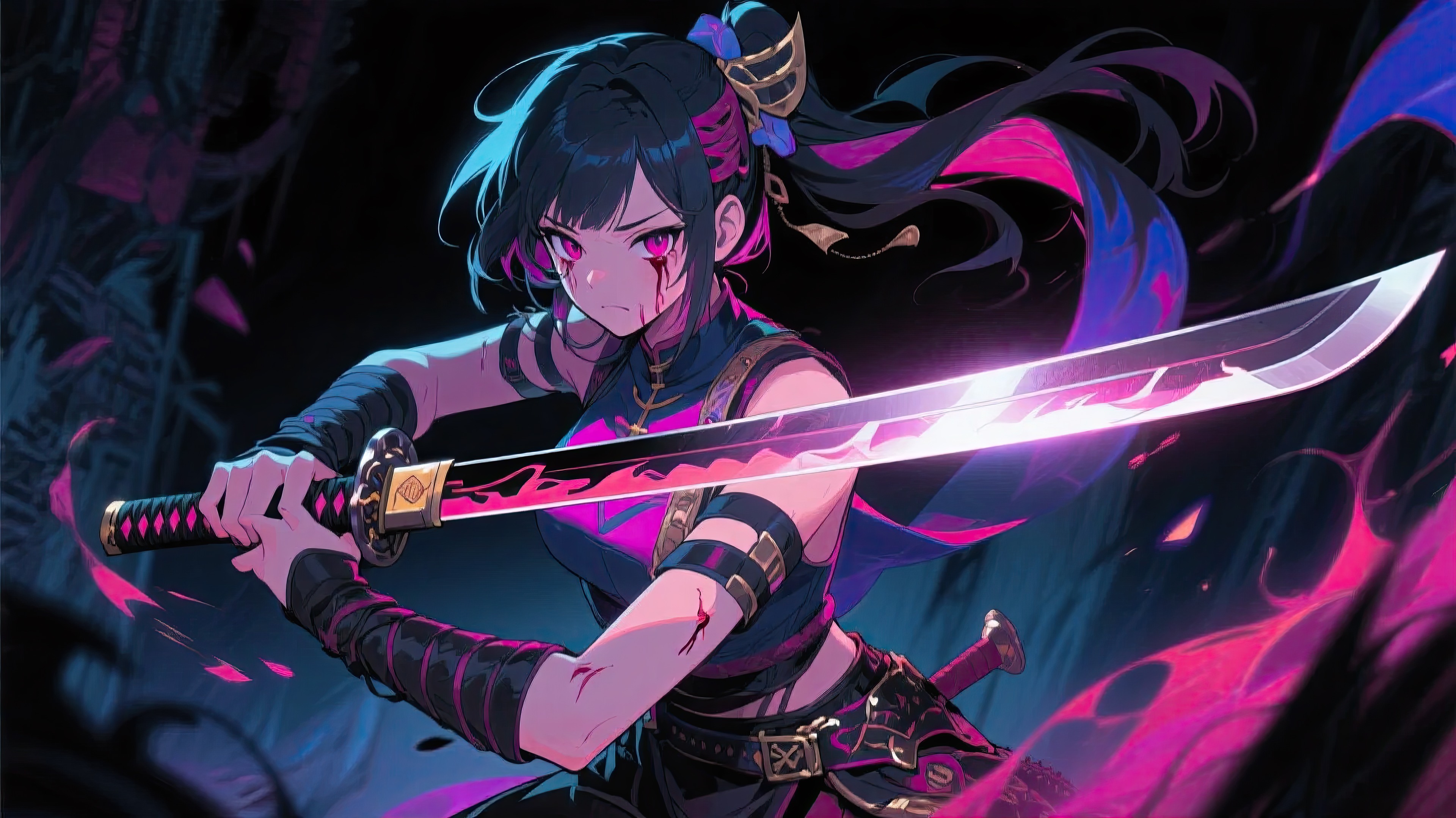 Neon Samurai Warrior With Pink And Blue Glowing Katana Wallpaper,HD Artist Wallpapers,4k ...