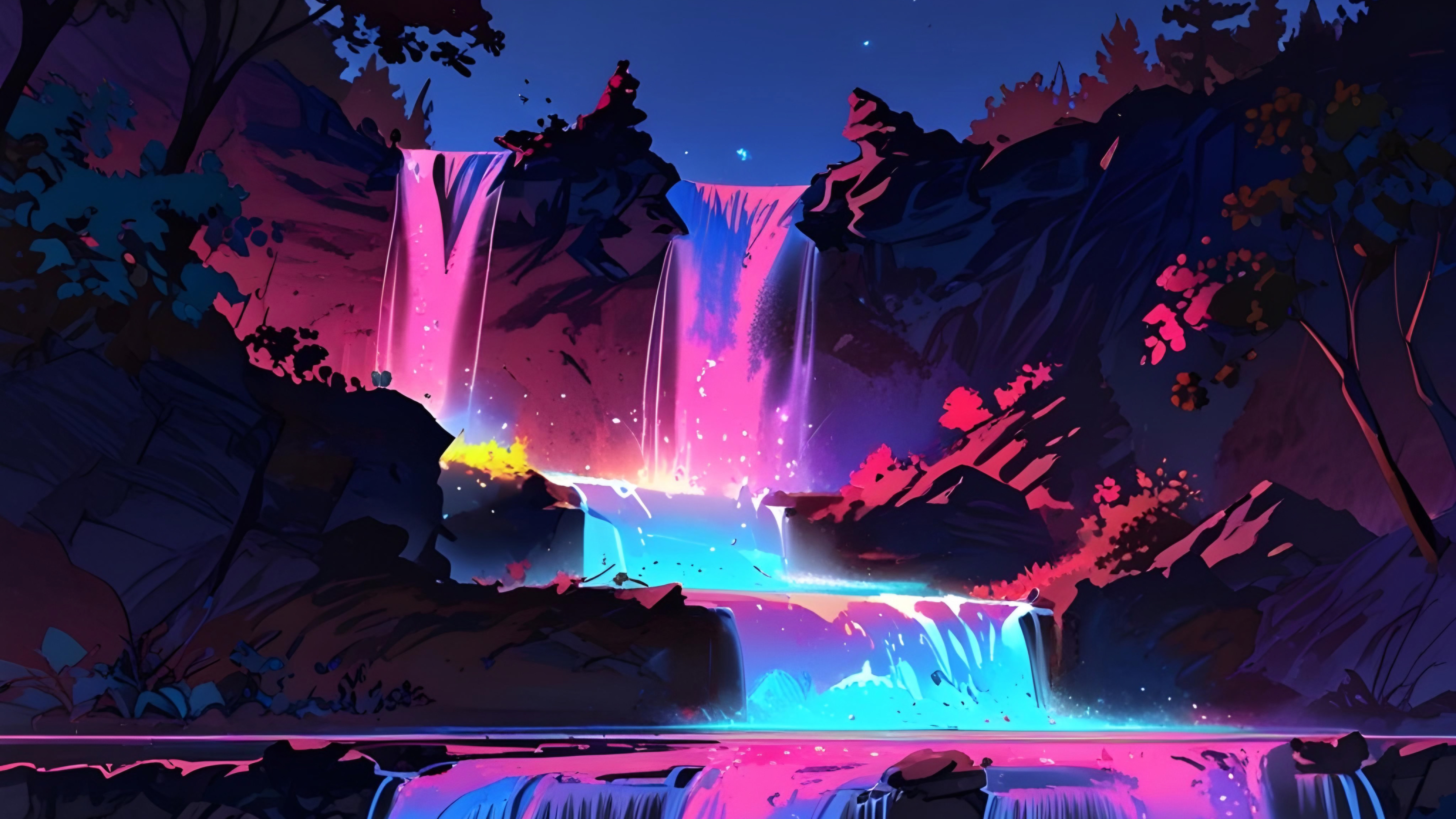 Neon Waterfall Fantasy Glowing Pink And Blue Cascade At Twilight ...