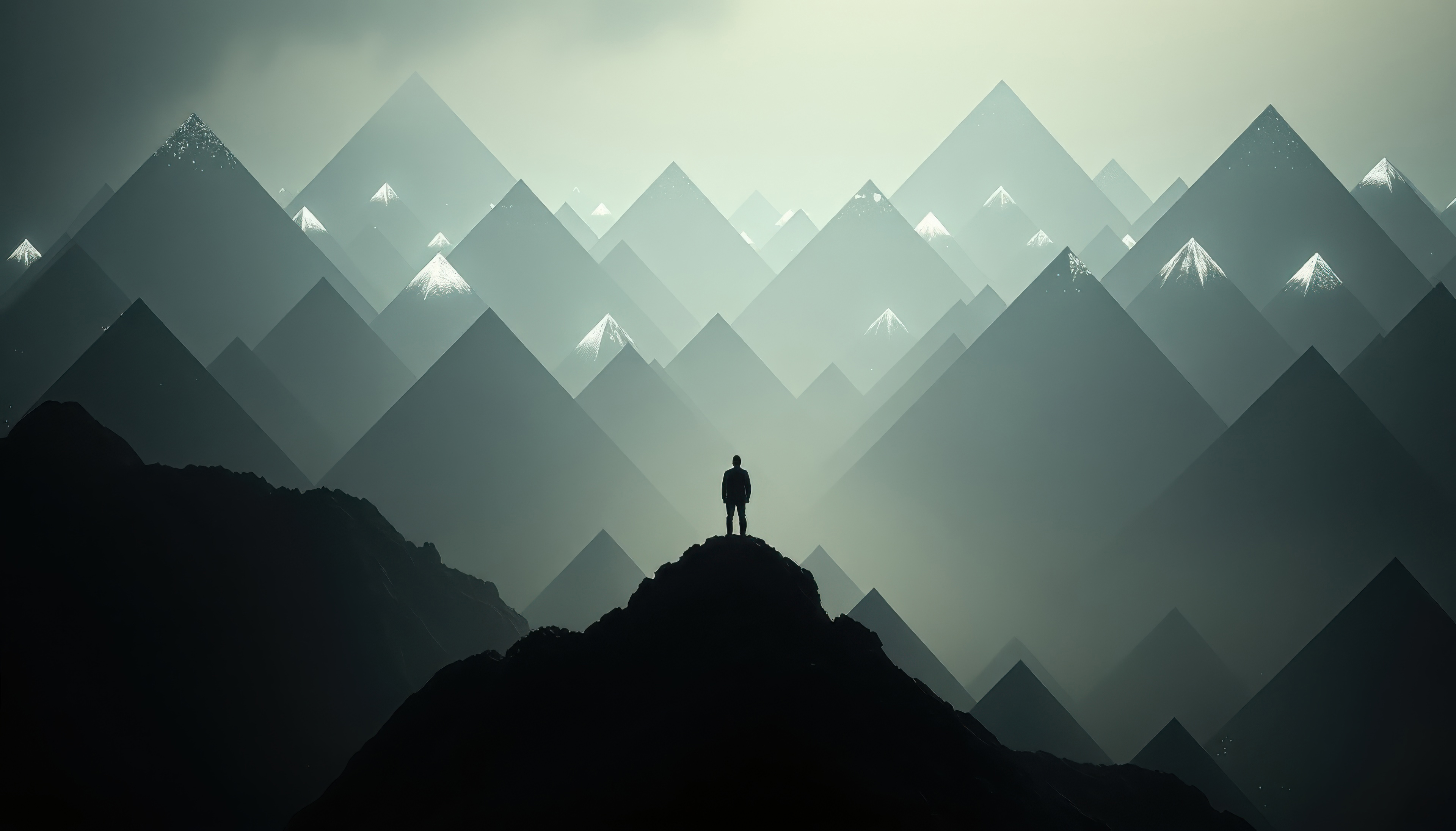 1920x1080 Silhouette Man Standing On Mountain With Glowing Pyramids ...