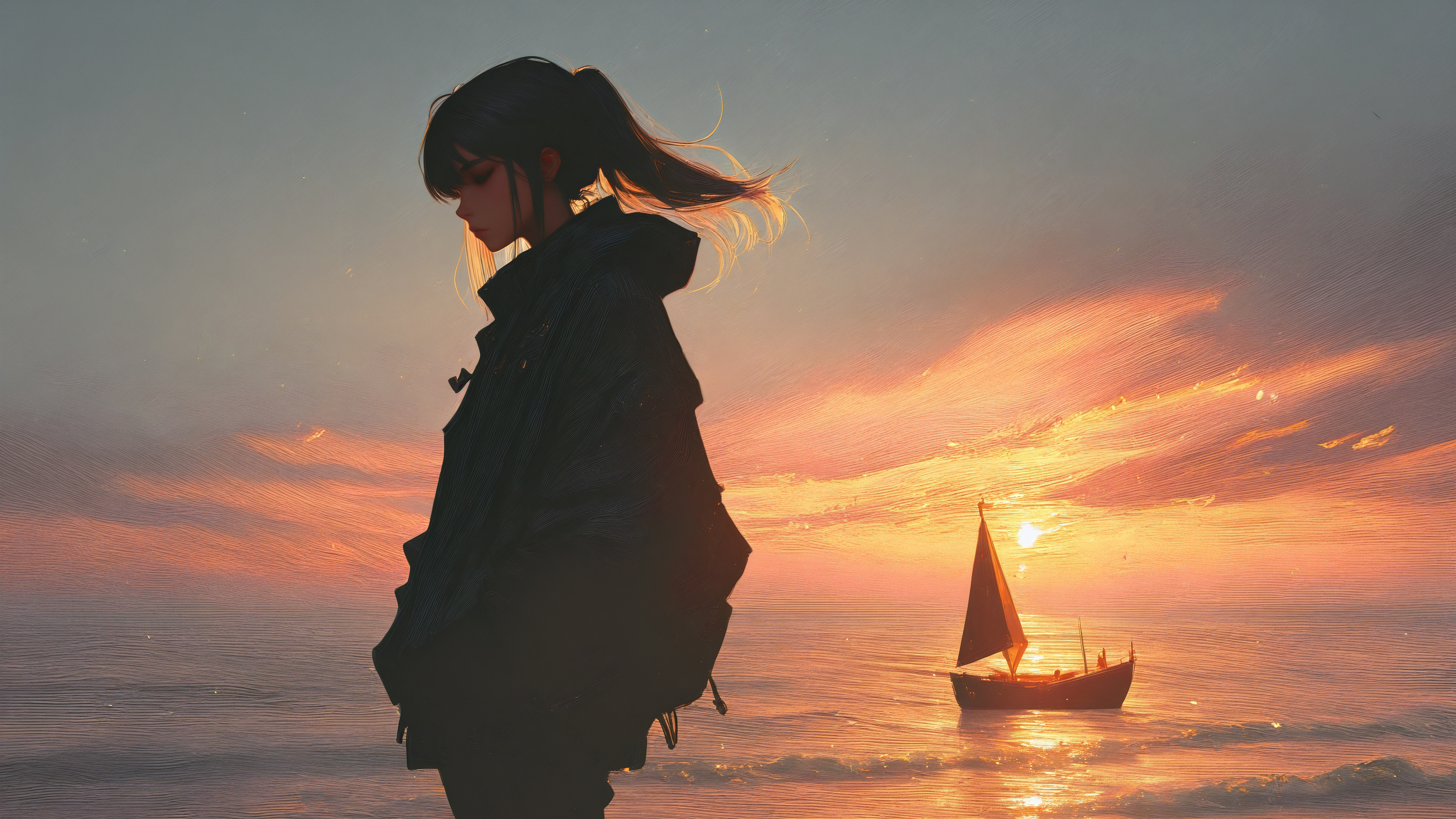 Sunset Silhouette By The Sea Anime Girl With Sailboat Glow Wallpaper,HD ...