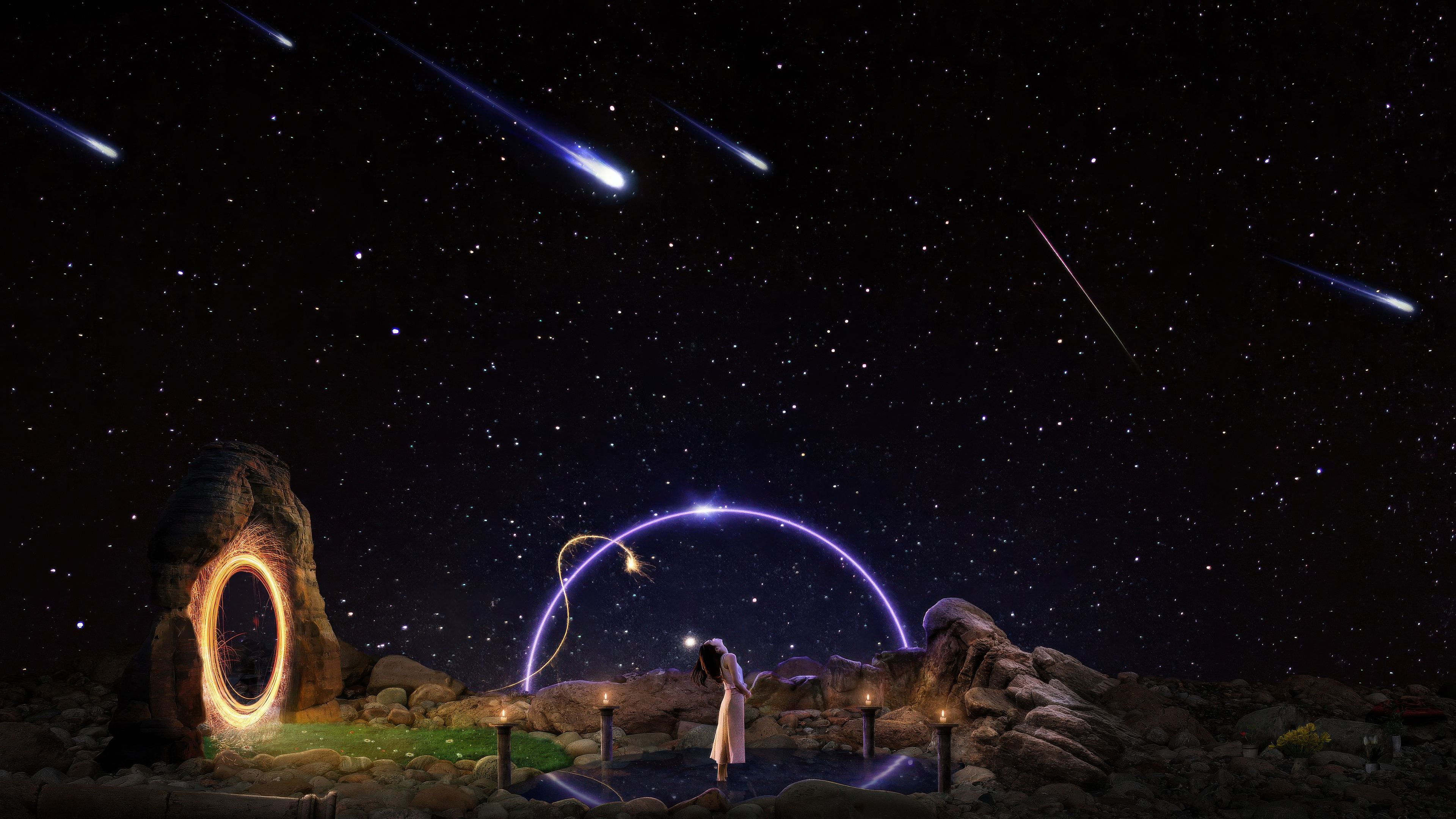 The Night Seeker Girl Looking Above The Cosmic Falling Stars Wallpaper ...